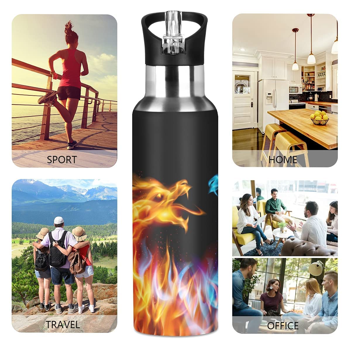 Dragon Water Bottle Kids Fire Dragon Thermos Bottle with Straw Lid for Boys Leakproof Insulated Stainless Steel Water Flask School Bottle 20 oz