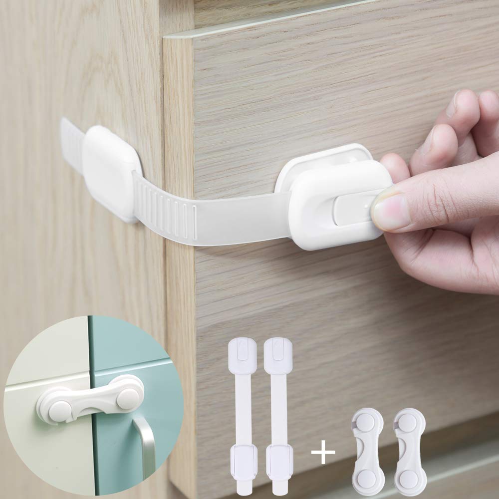 Child Safety Strap Locks and Cabinet Locks (4 Pack) for Drawers Cabinets Fridge Dishwasher Cupboard Oven Adhesive No Drilling