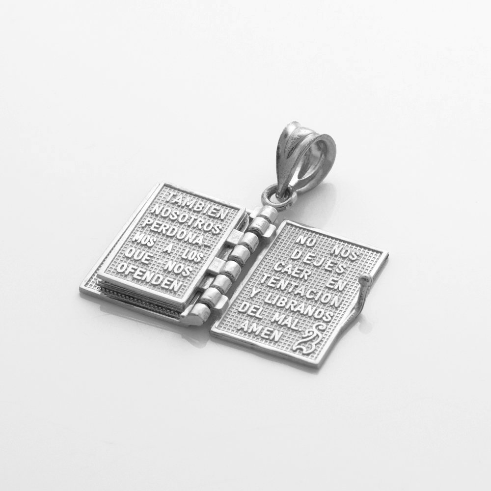 Claddagh Gold Religious Jewelry Sterling Silver 3D Santa Biblia Book w/Lord's Prayer in Spanish Charm Pendant