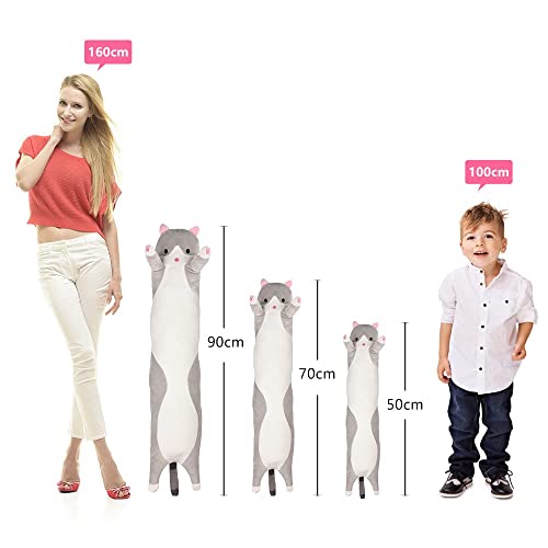 Decdeal Long Cat Plush, Plus Doll Toy Cat, Cute Cartoon Cat Shaped Plush Toy Sleeping Long Throw Pillow Decorative Gift (Grey, 500mm/19.68in)
