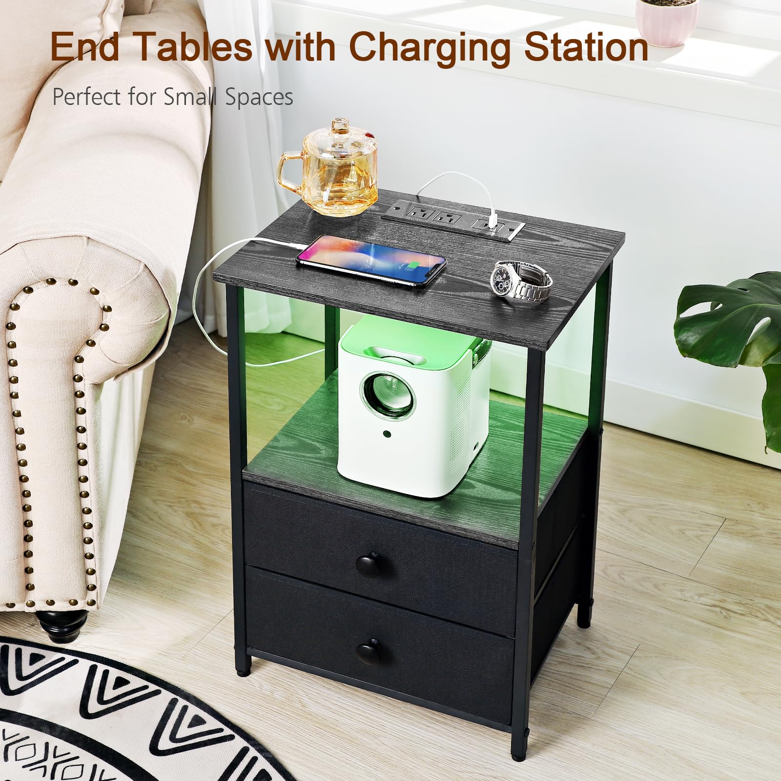 LOAKEKEL Night Stand Set 2, LED Nightstand with Charging Station, End Tables with Storage Shelf for Small Spaces, Bedside Table Side Tables with 2 Fabric Drawers for Bedroom Bedroom HETS02BR