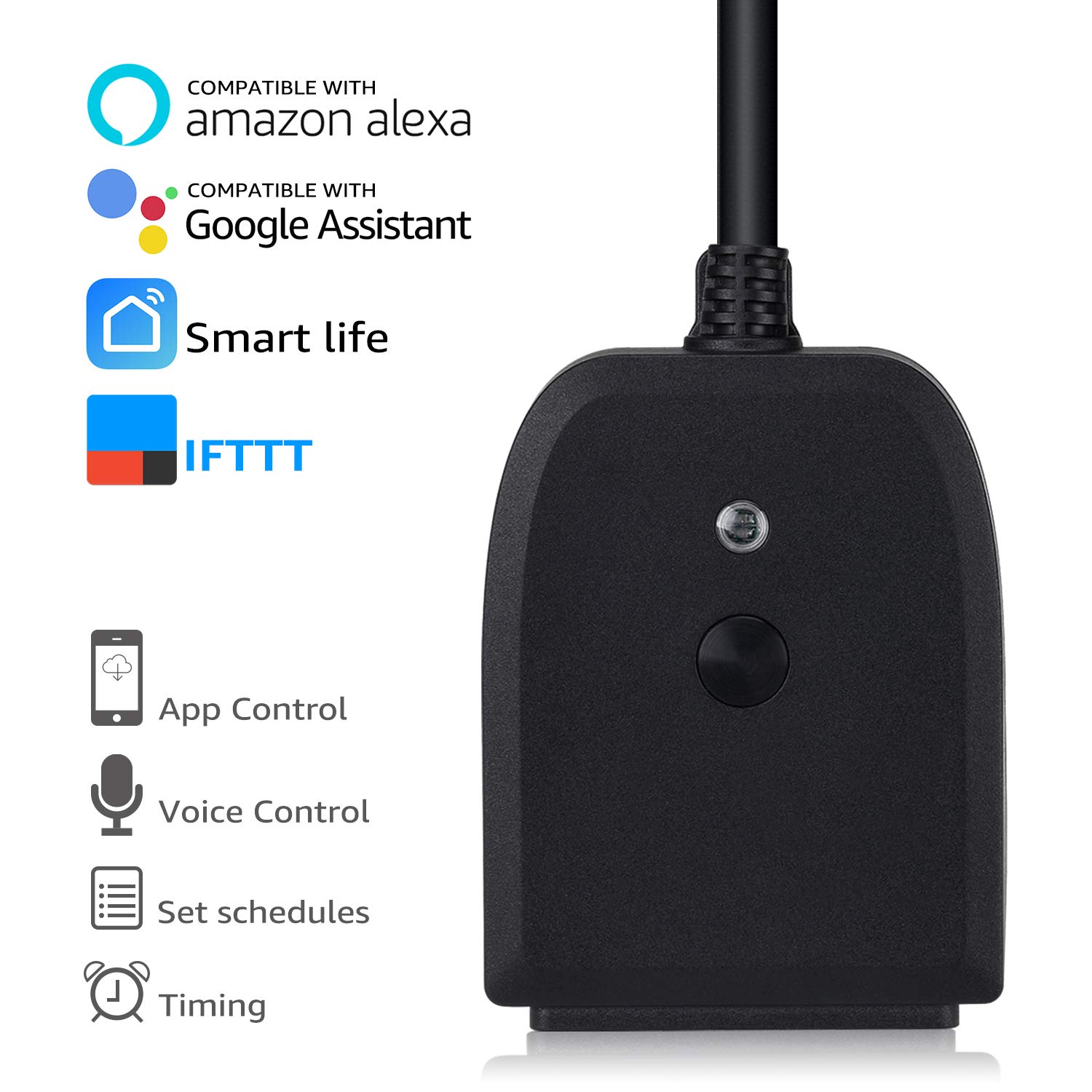 LITEdge Outdoor Smart Plug, WiFi 2-in-1 Plug Power Outlet, Compatible with Google Home & Alexa, APP Cordless Remote Control Smart Outlet Socket, Remote Control, Timer, Waterproof