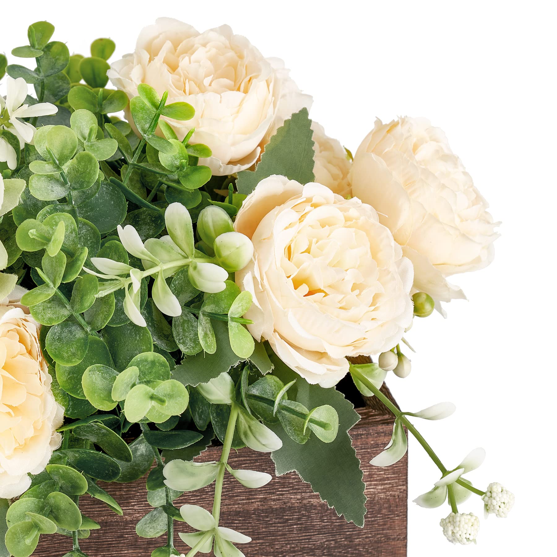Dahey Centerpiece Table Decorations for Dining Room Farmhouse Living Room Table Centerpieces Decor Wood Tray with 3 Artificial Flowers and 2 Eucalyptus for Kitchen Table, 14.1" x 4.7" x 3.1"