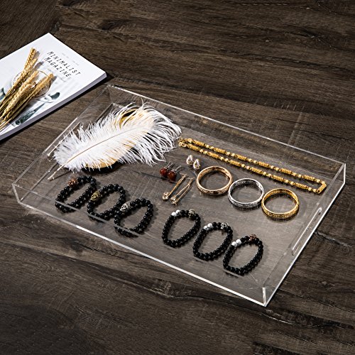 Sooyee Acrylic 16" x 12" Plastic Tray for Coffee Table,Kitchen,Bathroom,Food,Vanity Countertop,Large Ottoman Decorative, Serving Tray with Handles,Clear