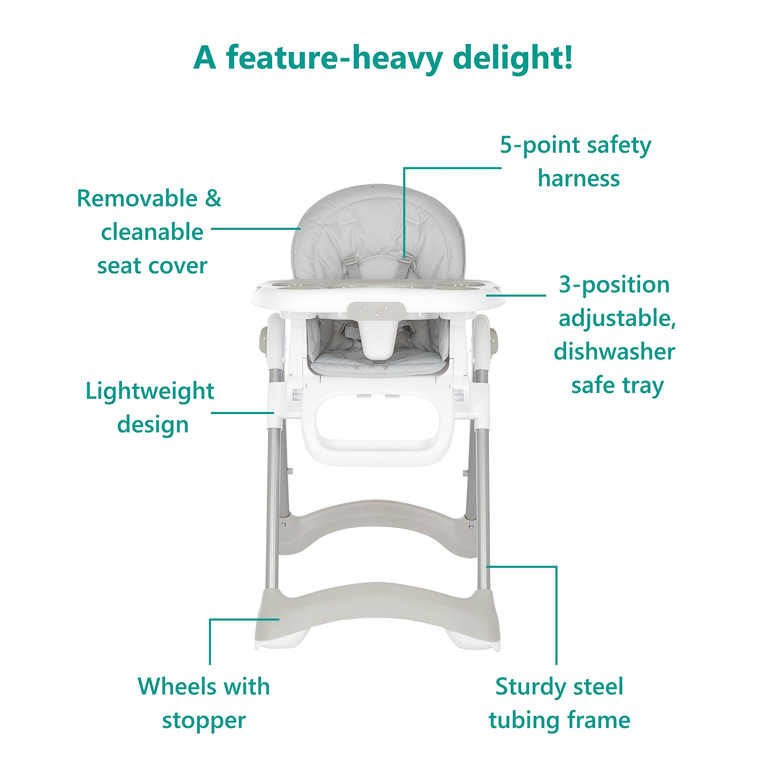 Dream On Me Solid Times High Chair for Babies and Toddlers in Grey, Multiple Recline and Height Positions, Lightweight Portable Baby High Chair, 5 point Safety Harness, Easy to Clean Surface
