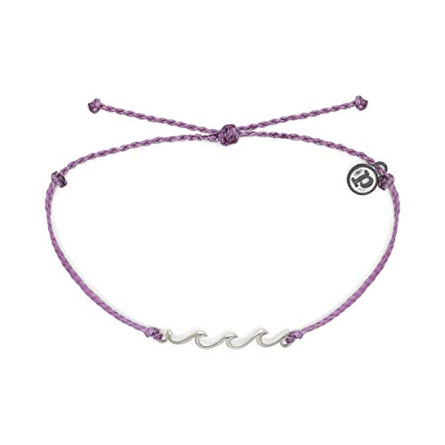 Pura Vida Delicate Wave Bracelet w/Silver-Plated Brass Casting - Adjustable Braided Band, Waterproof - Purple