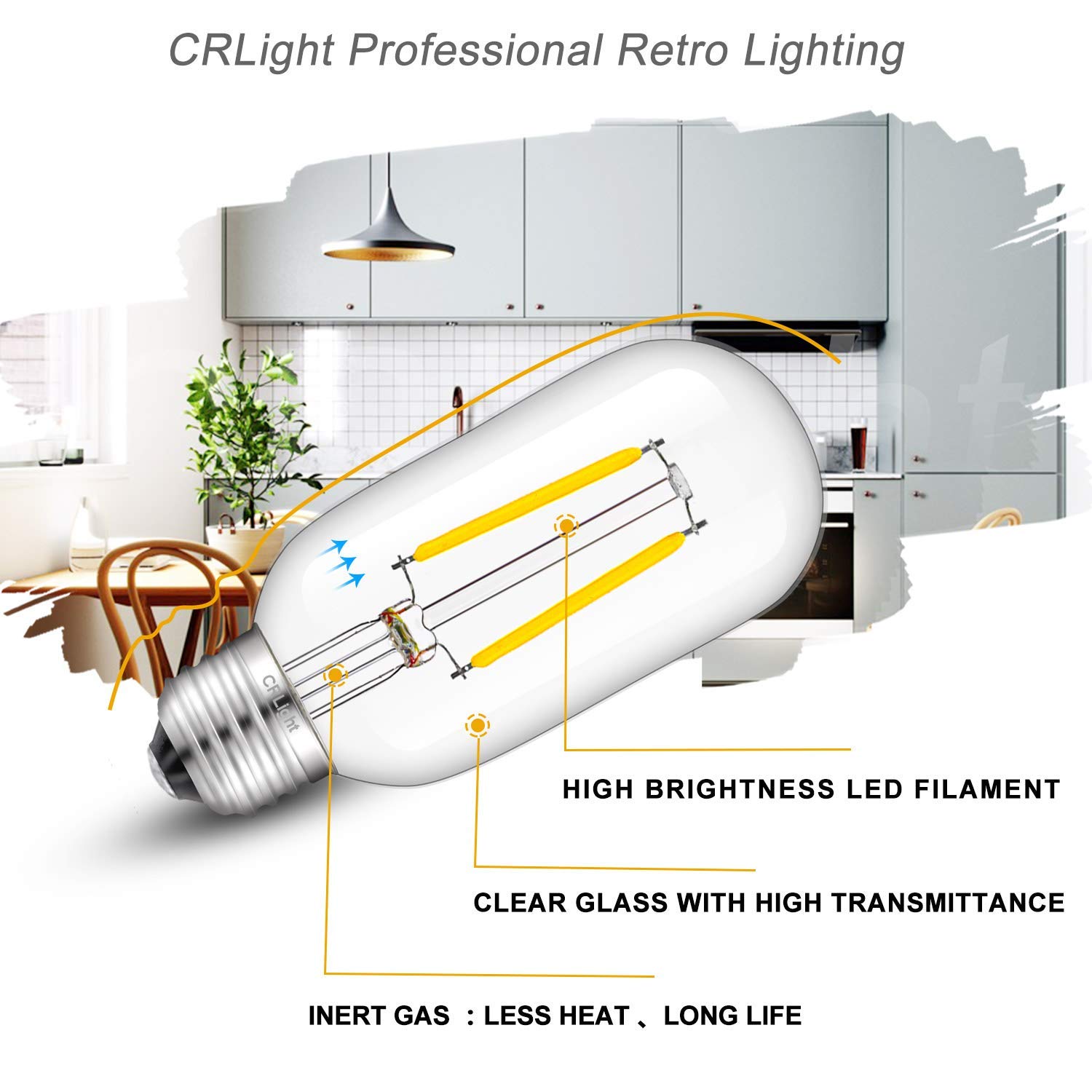 CRLight 2W LED Edison Bulb 4000K Daylight White, 30W Equivalent 300 LM, E26 Vintage Tubular T45 / T14 Clear Glass Dimmable LED Light Bulbs, 8 Pack