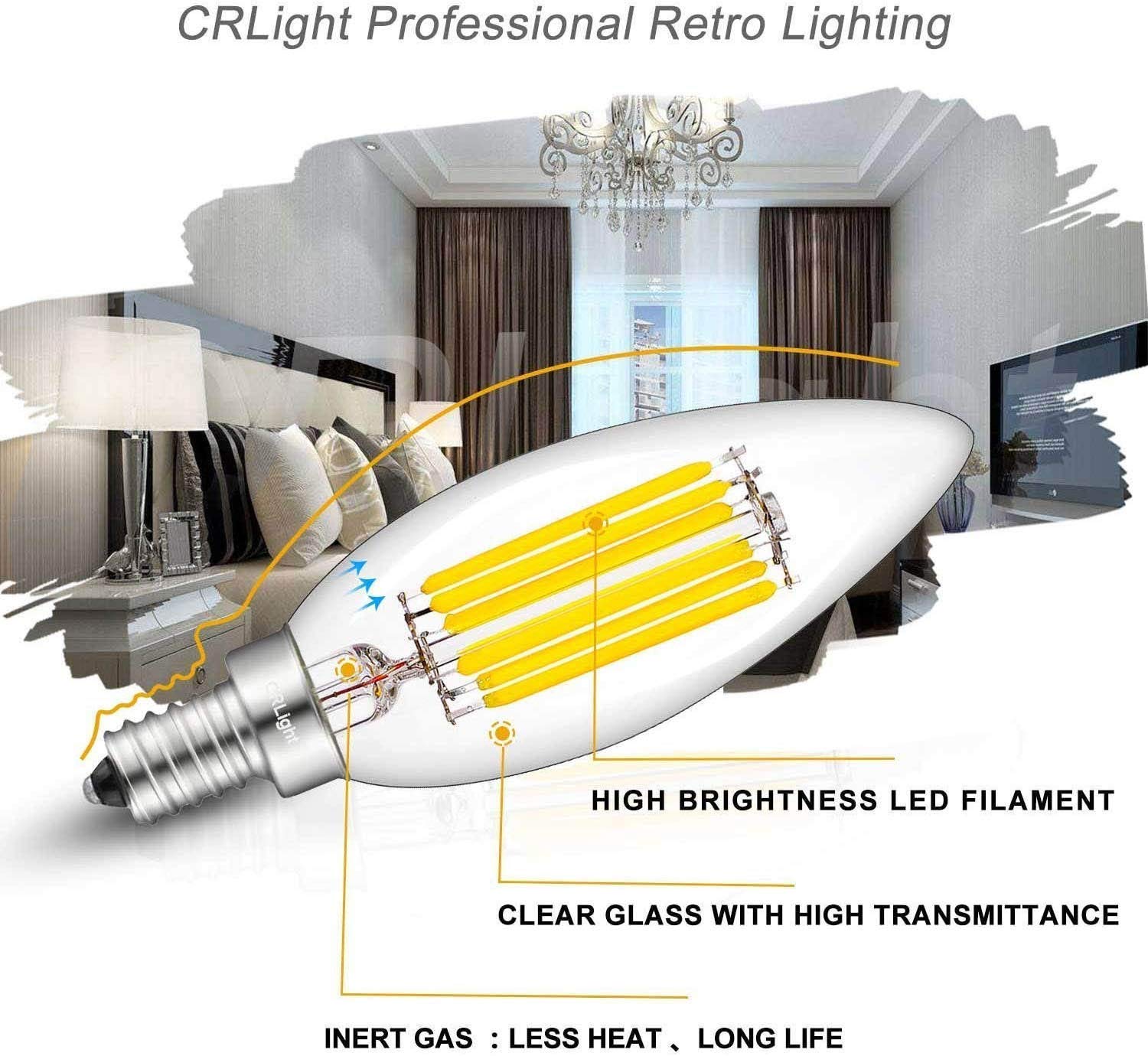 CRLight 6W LED Candelabra Bulb 4000K Daylight White, 70W Equivalent 700LM Dimmable, E12 Vintage Edison Clear Glass B10 Candle Torpedo Shape Bullet Top LED Chandelier Light Bulbs, Pack of 6