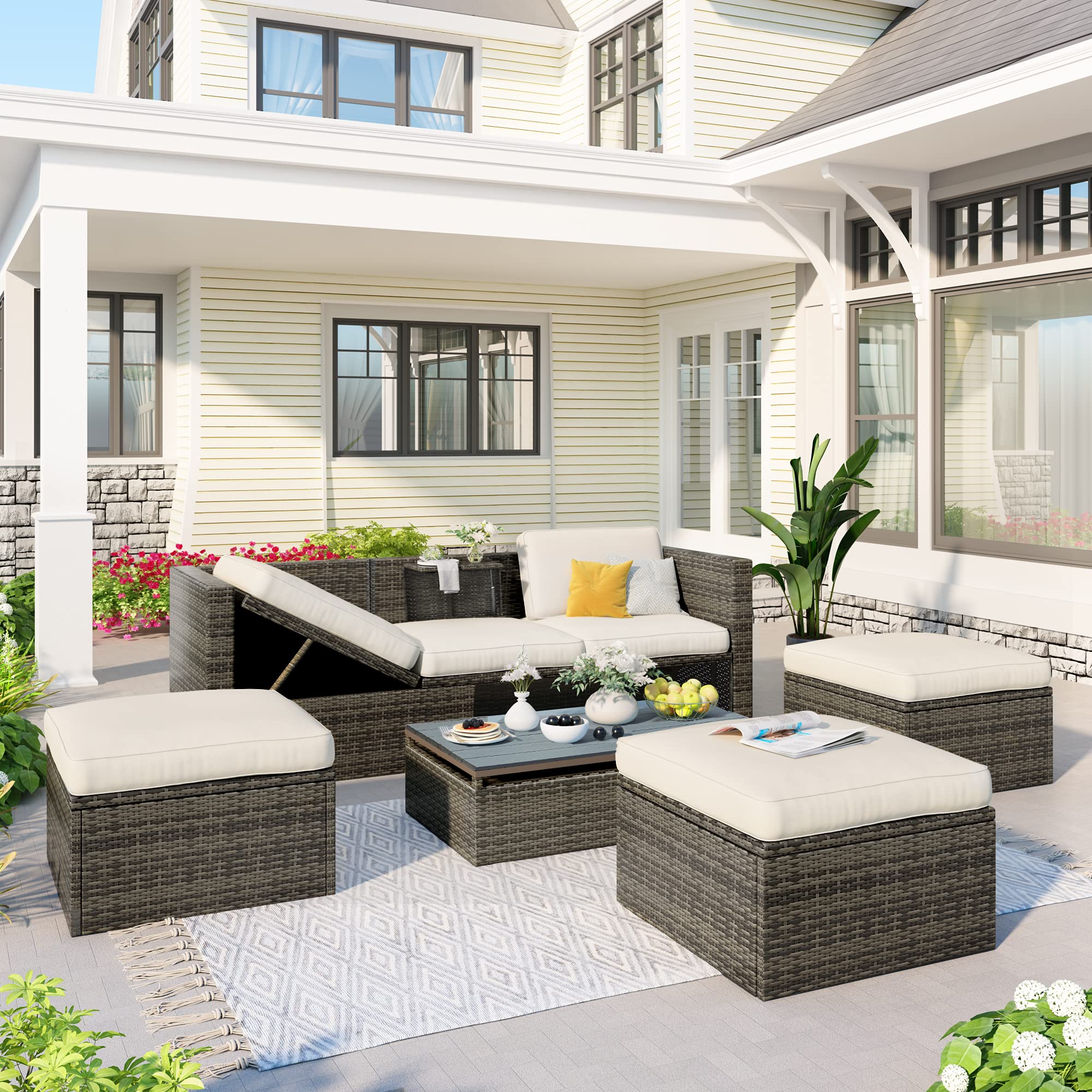 LUMISOL 5 Piece Patio Furniture Set, Outdoor Wicker Sofa Set with Adjustable Backrest, Cushions, Ottomans and Lift Top Coffee Table for Garden, Poolside, Backyard, Balcony, Beige
