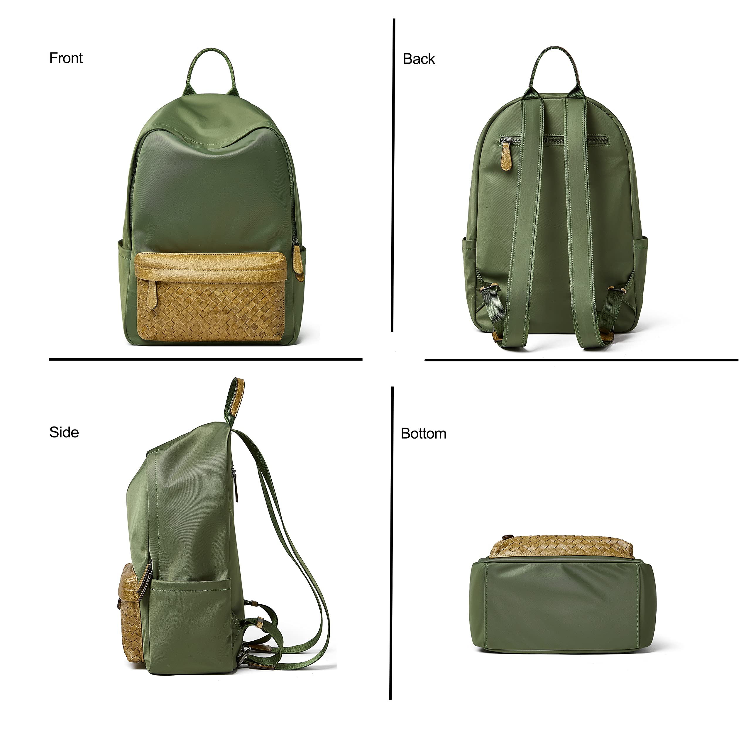 Daiblueland Casual Daypack Backpack For Women Unisex Large Lightweight Travel Rucksack With Leather Pockets(Army Green) (BACK-001)