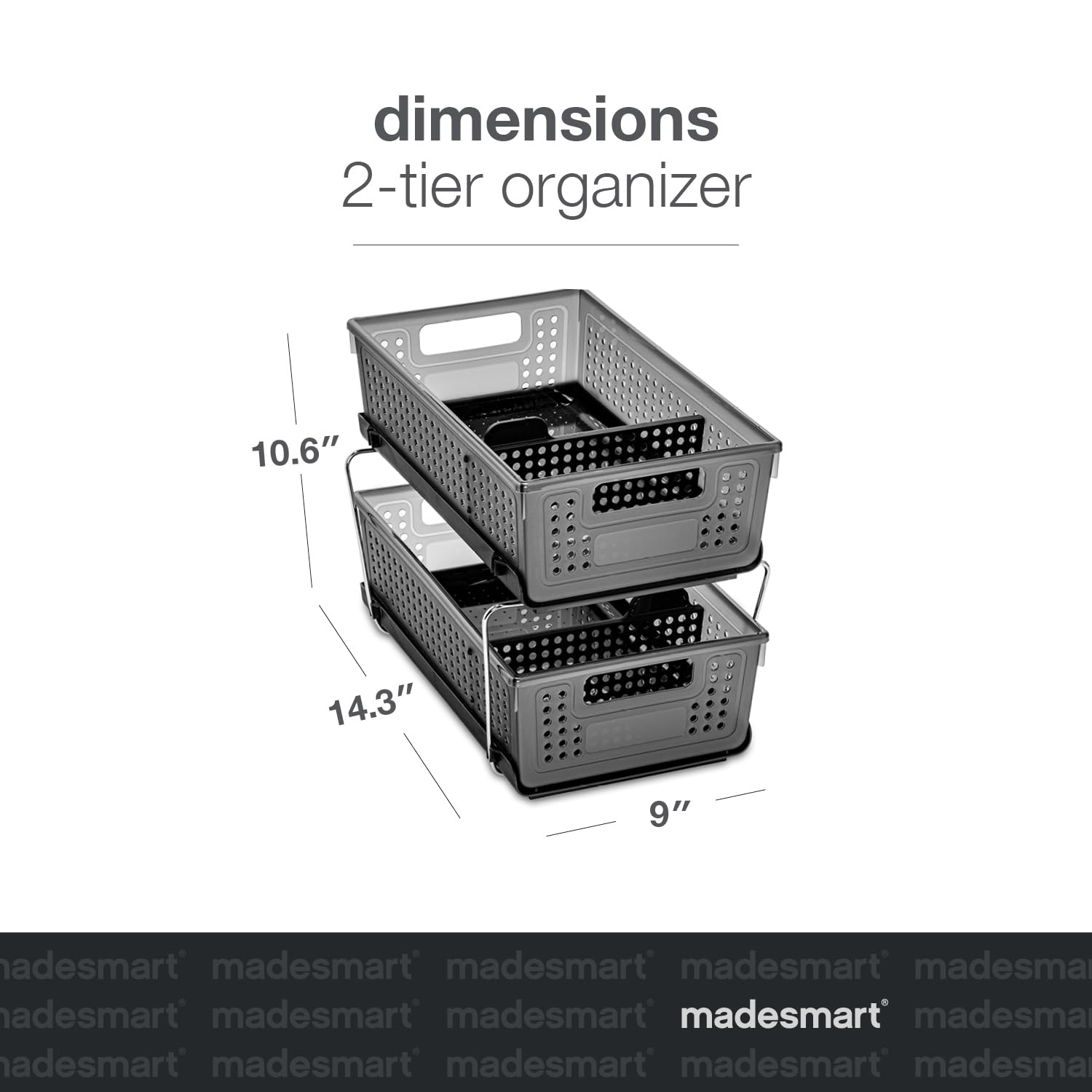 madesmart 2-Tier Plastic Multipurpose Organizer with Divided Slide-Out Storage Bins, Compact Under Sink and Cabinet Organizer Rack, Smoke