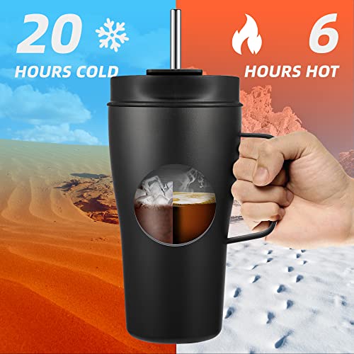 CIVAGO 24 oz Insulated Coffee Mug with Lid, Stainless Steel Coffee Travel Mug with Handle, Double Wall Vacuum Tumbler with Lid and Straw,Thermal Coffee Cup, Black