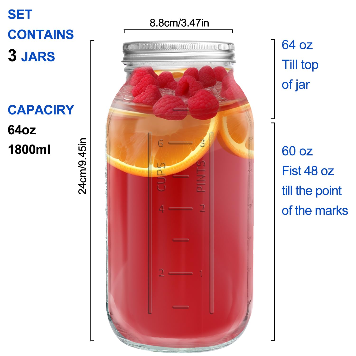 eleganttime 64 oz Mason Jar Wide Mouth 3 Pack,Large Half Gallon Mason Jar with Airtight Lid,Big 1/2 Gallon Big Mason Jars for Canning,Pickling, Fermentation and Preservation