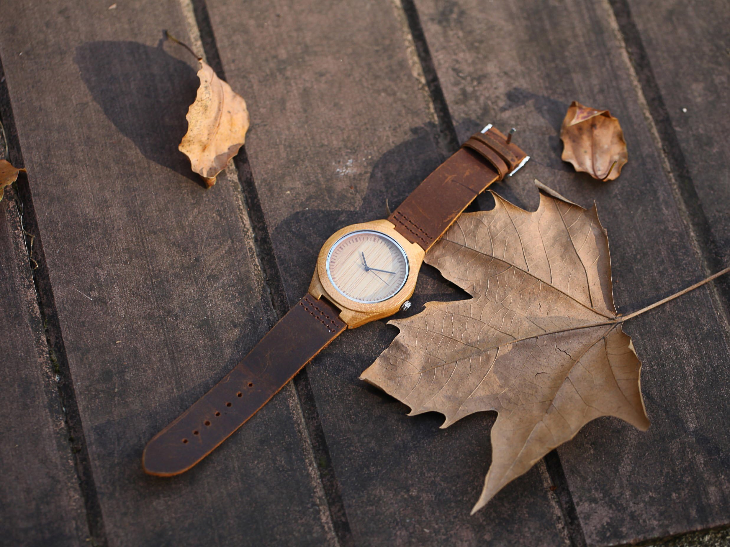 CUCOL Mens Wooden Watches Brown Cowhide Leather Strap Casual Watch for Groomsmen Gift with Box
