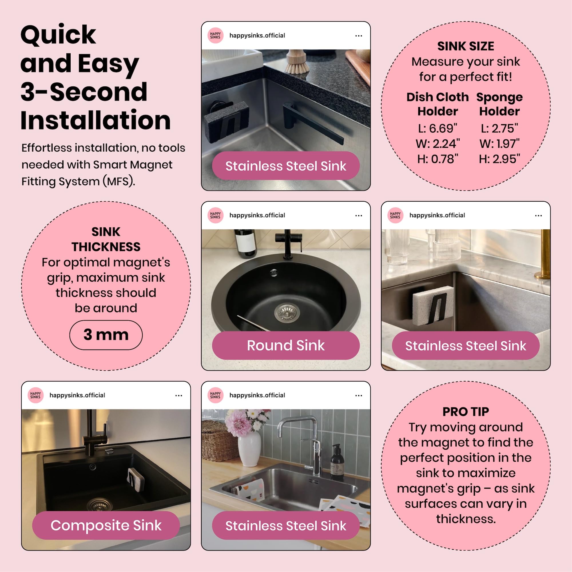 Happy Sinks Magnetic Sponge Holder for Kitchen Sink - Suitable for Steel - Metal - Composite Sinks - Strong Magnetic Backing - Durable and Sustainable Solution - Sink Caddy Sponge Holder - (Steel)