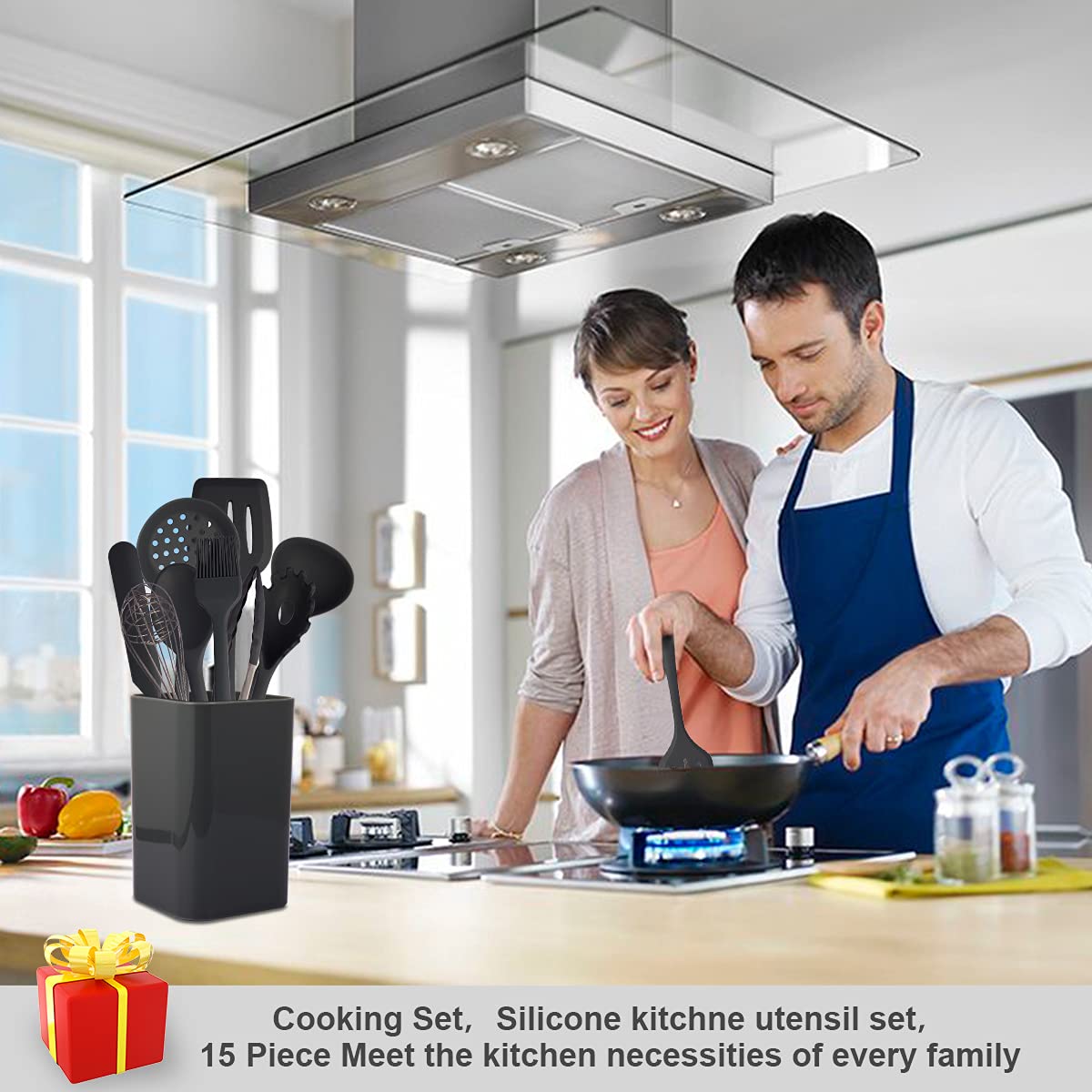 Cooking Utensils Set,Silicone Kitchen Utensil Set 15PCS,Non-Stick Silicone Kitchen Utensils,Heat Resistant 446°F Kitchen Tool Set,kitchen essentials for new home(Non Toxic) Black