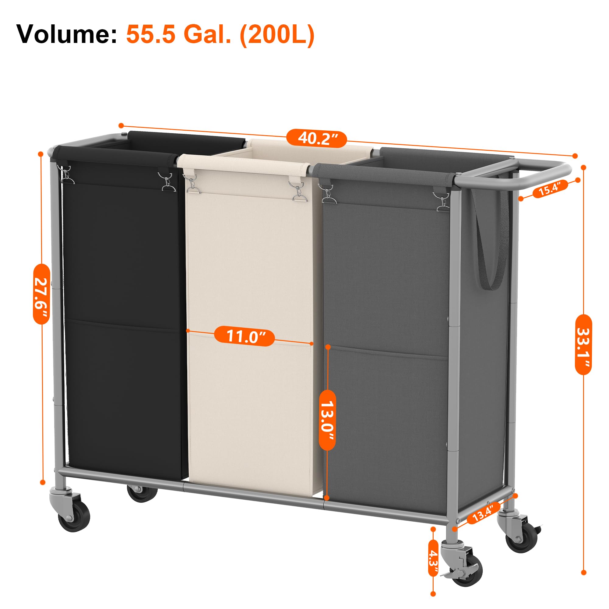 Heybly Laundry Basket,3 x 18.5 Gal Laundry Separator Hamper with Heavy Duty Rolling Wheels,Laundry Divider Sorter with Removable Bags for Dirty Clothes Storage, 40.2 x 15.4 x 33.1 Inches HLH022P03