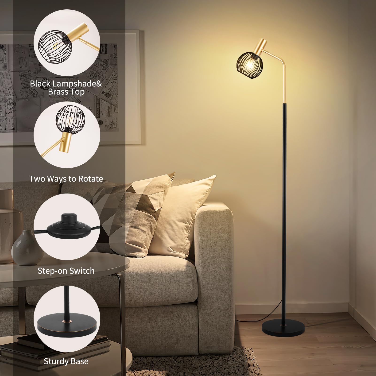 Duheypo Dimmable Floor Lamp, Industrial Floor Lamps for Living Room, Farmhouse Tree Floor Lamp Rustic Standing Tall Lamp with 3 LED Edsion Bulbs