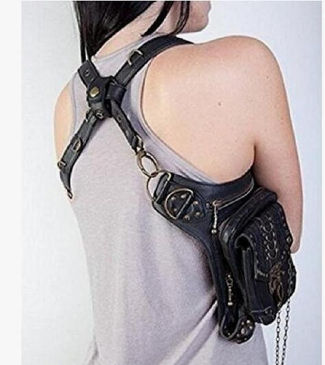 Wendingstan Rock Leather & Vintage Gothic Retro Steampunk Handbag Victorian Style Shoulder Waist Bag Black, Medium