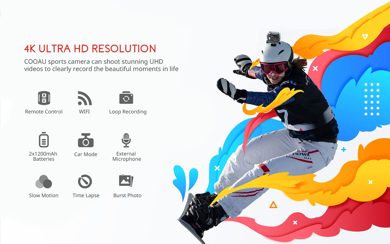 COOAU Action Camera HD 4K 20MP WiFi with External Microphone, Underwater Camera 40M with Remote Control, Waterproof Sport Camera 170° Wide Angle Time Lapse, 2x1200mAh Batteries/16 Accessories