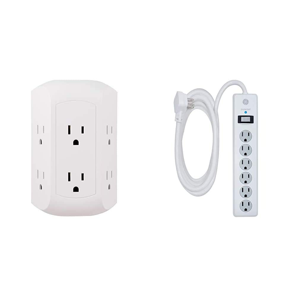 GE Pro 6 Outlet Surge Protector Adapter Spaced Tap, 3-Prong Power Strip, White & 6 Outlet Surge Protector, 10 Ft Extension Cord, Power Strip, 800 Joules, Flat Plug, White, 14092