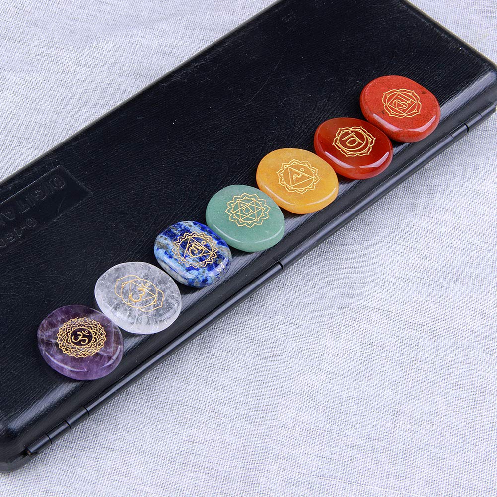 Chakra Stones-Reiki Healing Crystal With Engraved Chakra Symbols Holistic Balancing Polished Palm Stones Set of 7