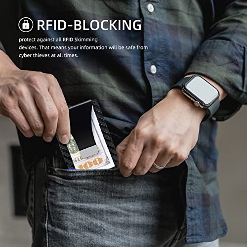Comkey Minimalist Wallets for Men - Smart Carbon Fiber Wallet - RFID Blocking Front Pocket Credit Card Holder - Aluminum Metal Small Mens Wallets with Cash Strap
