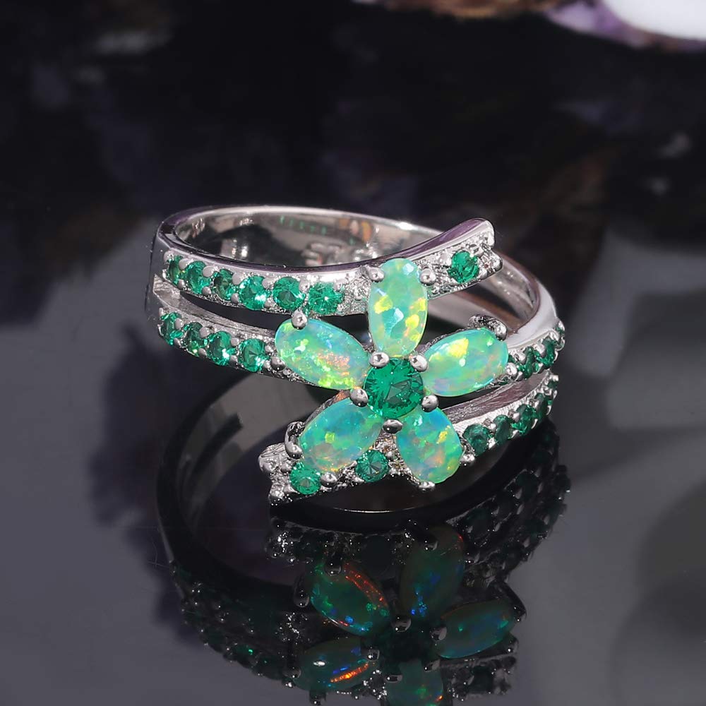 CiNily Silver Green Fire Opal Emerald Women Jewelry Gemstone Ring Size 5-12 (5)