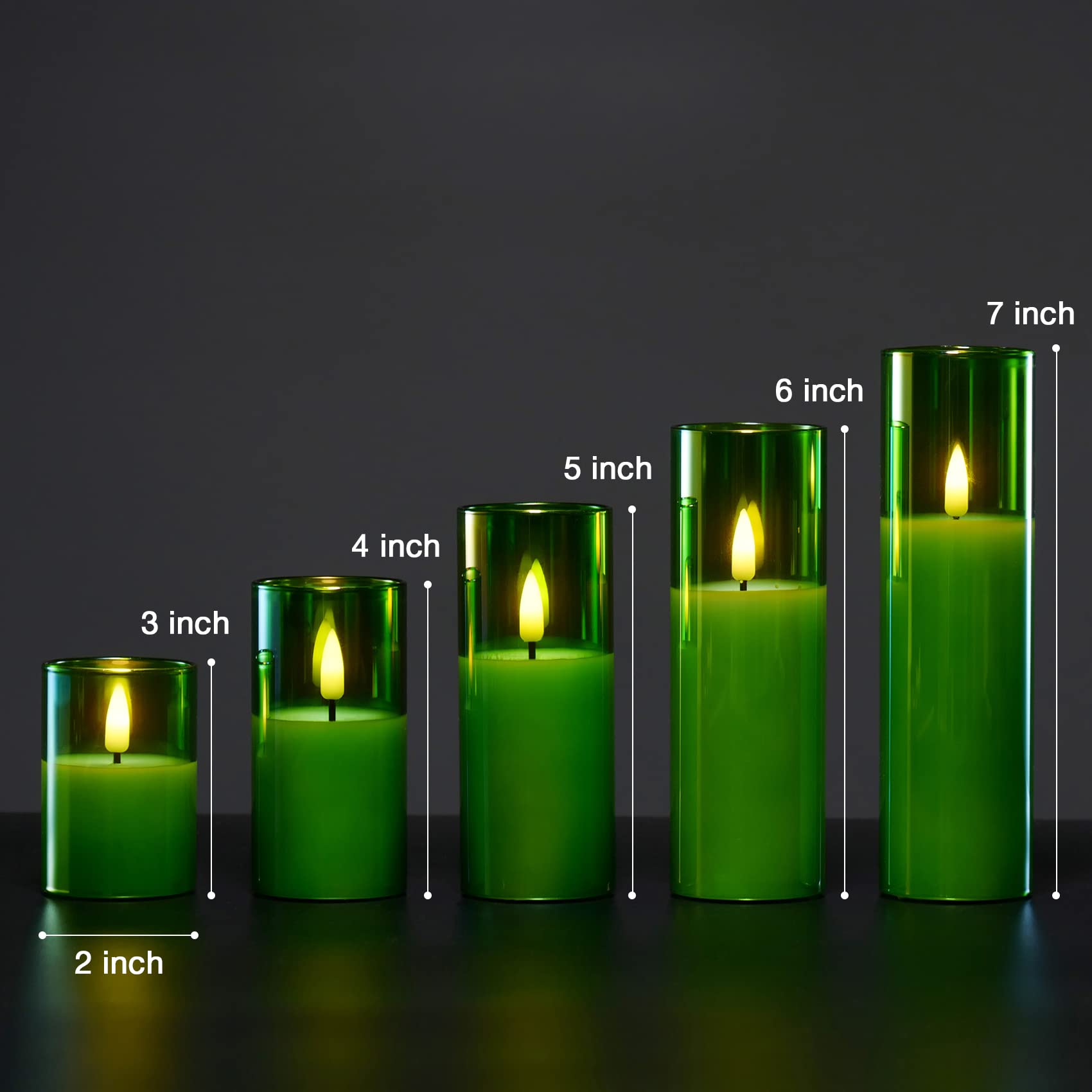 Girimax Green Glass Flameless Candles with Remote, Flickering LED Votive Pillar Candles Battery Operated Slim Tall Candles Φ 2" H 3" 4" 5" 6" 7"