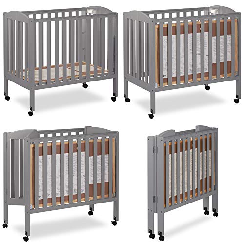 Dream On Me 3 in 1 Portable Folding Stationary Side Crib in Steel Grey, Greenguard Gold Certified, Safety Wheels with Locking Casters, Convertible, 3 Mattress Heights