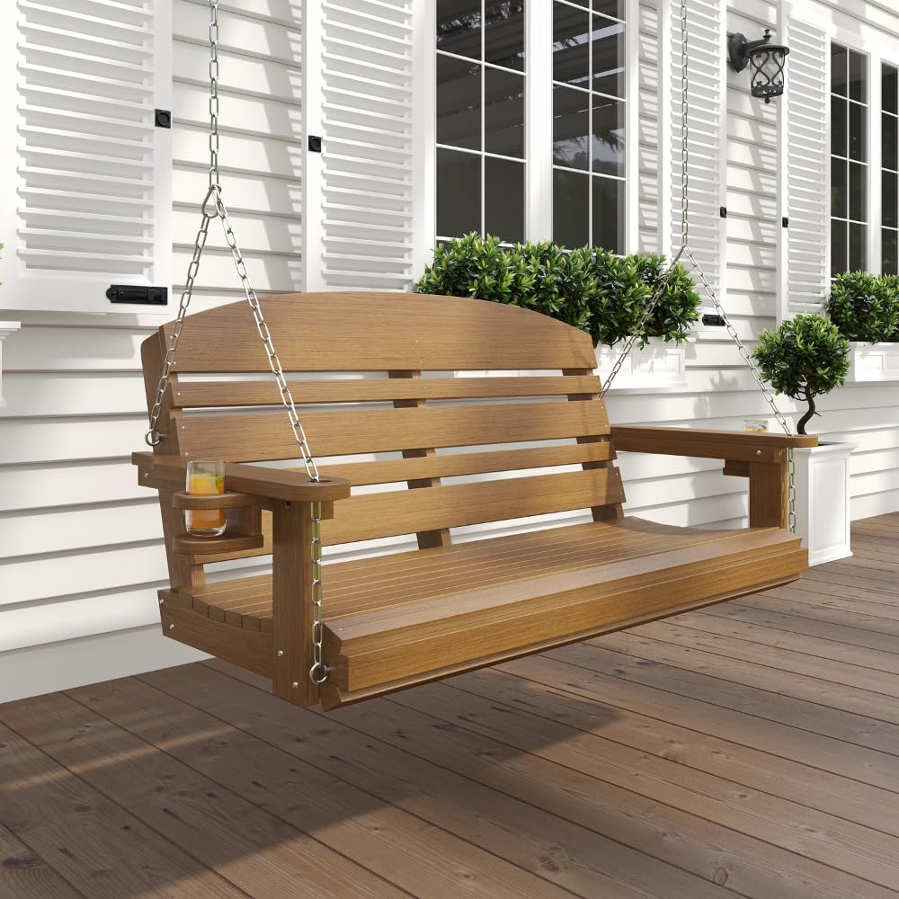 Live Casual Classic Recycled Plastic Porch Swing in Mahogany Finish - Composite Poly Swing with Included Hanging Chains