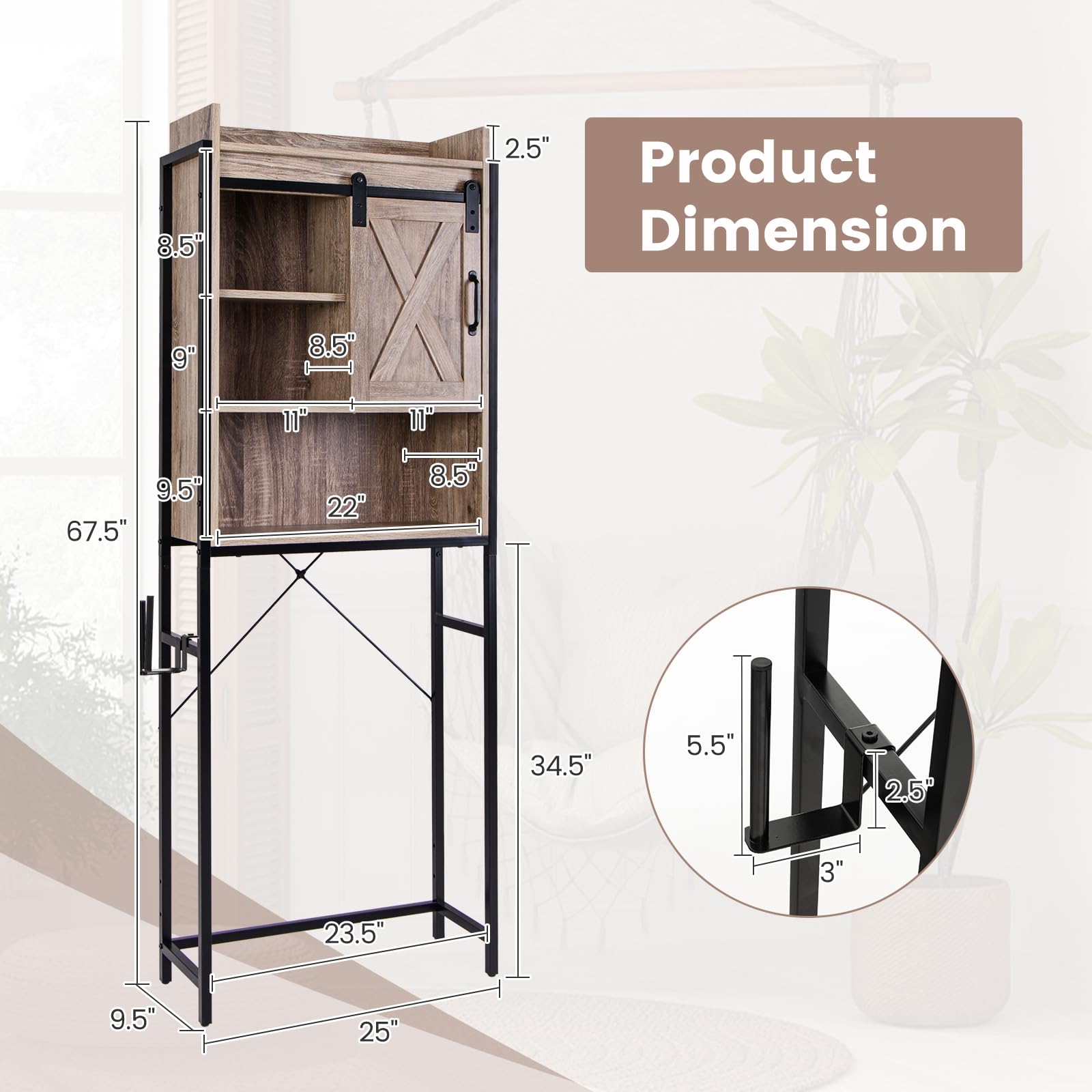 Giantex Over The Toilet Storage Cabinet - Freestanding Bathroom Organizer Rack with Adjustable Shelf, Sliding Barn Door, Paper Holder, Bathroom Space Saver, Above Toilet Storage Cabinet (Grey)