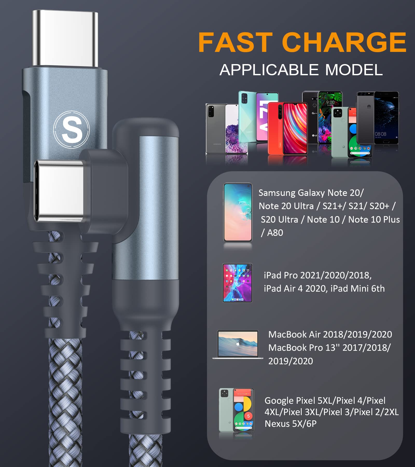 USB-C to USB-C Cable 60w [2-Pack 6.2ft], Right Angle iPhone 15 Fast Charger Cord Compatible with iPhone 15 Plus 15 Pro Max, MacBook Air/Pro,iPad Air/Pro Samsung Galaxy S23 S22 S21 S20+, Note 20 10