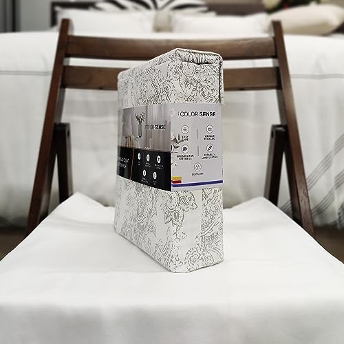 Color Sense Hotel Percale Cotton Rich Sheets, Gray Paisely Full Size Bed Sheet, Wrinkle-Resistant, Brushed for Extra Softness, Luxury Bed Sheets Full, Elasticized Deep Pocket Bedding Set
