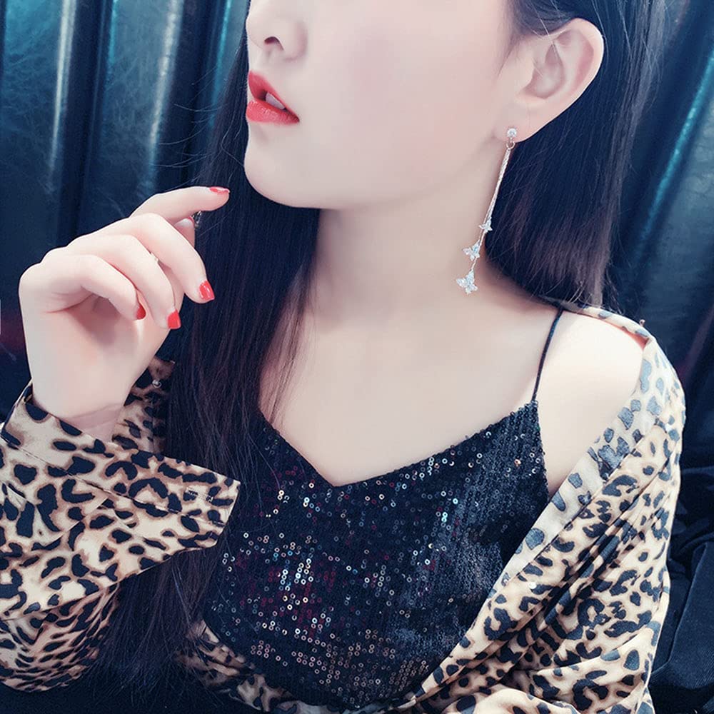 Crystal Butterfly Pendant Tassel Earrings Long Zircon Butterfly Drop Dangle Earrings Jewelry for Women Butterfly Earring (Silvr)
