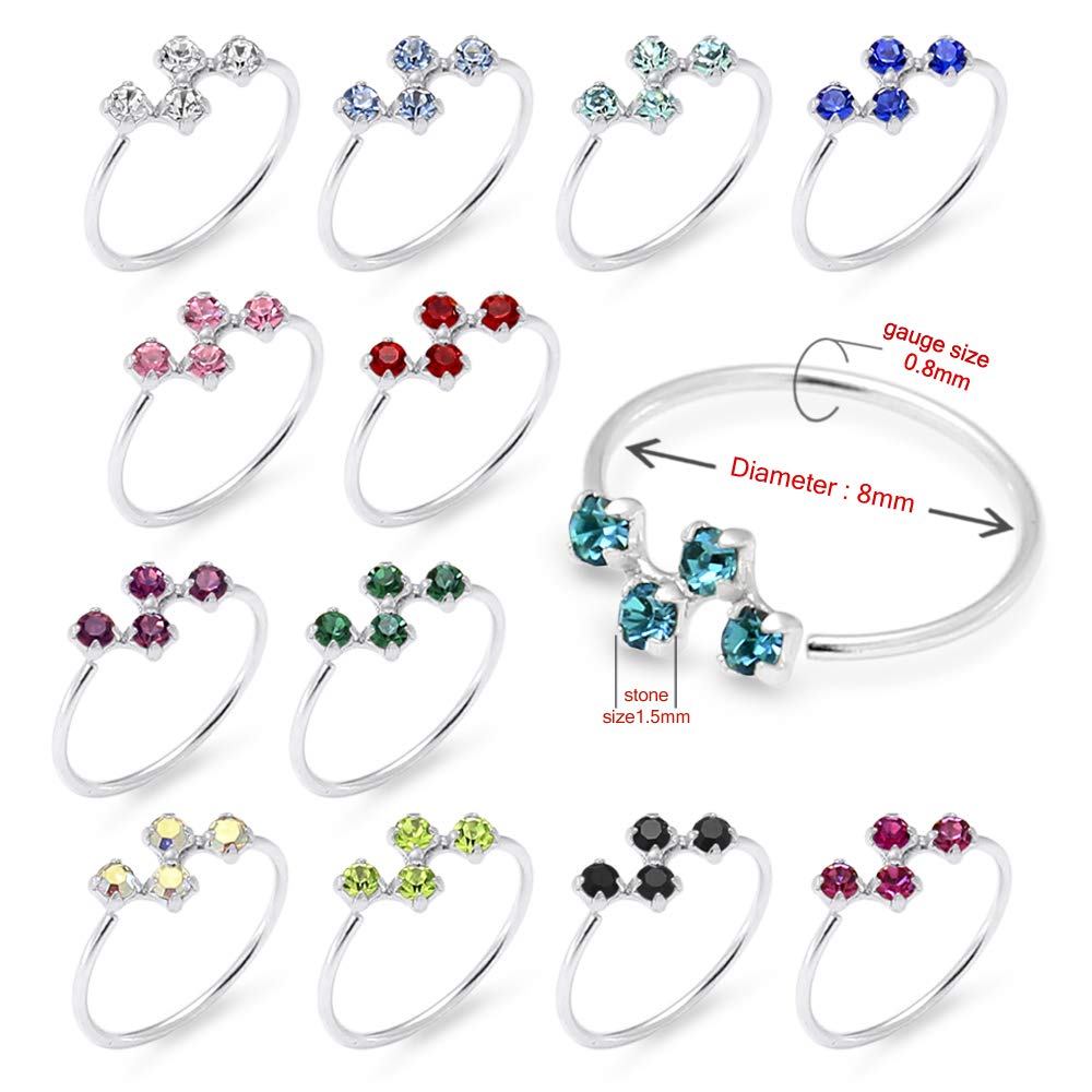 Claw Set 4 Round Dark Green Stones 20 Gauge 925 Sterling Silver Open Hoop Nose Piercing Ring