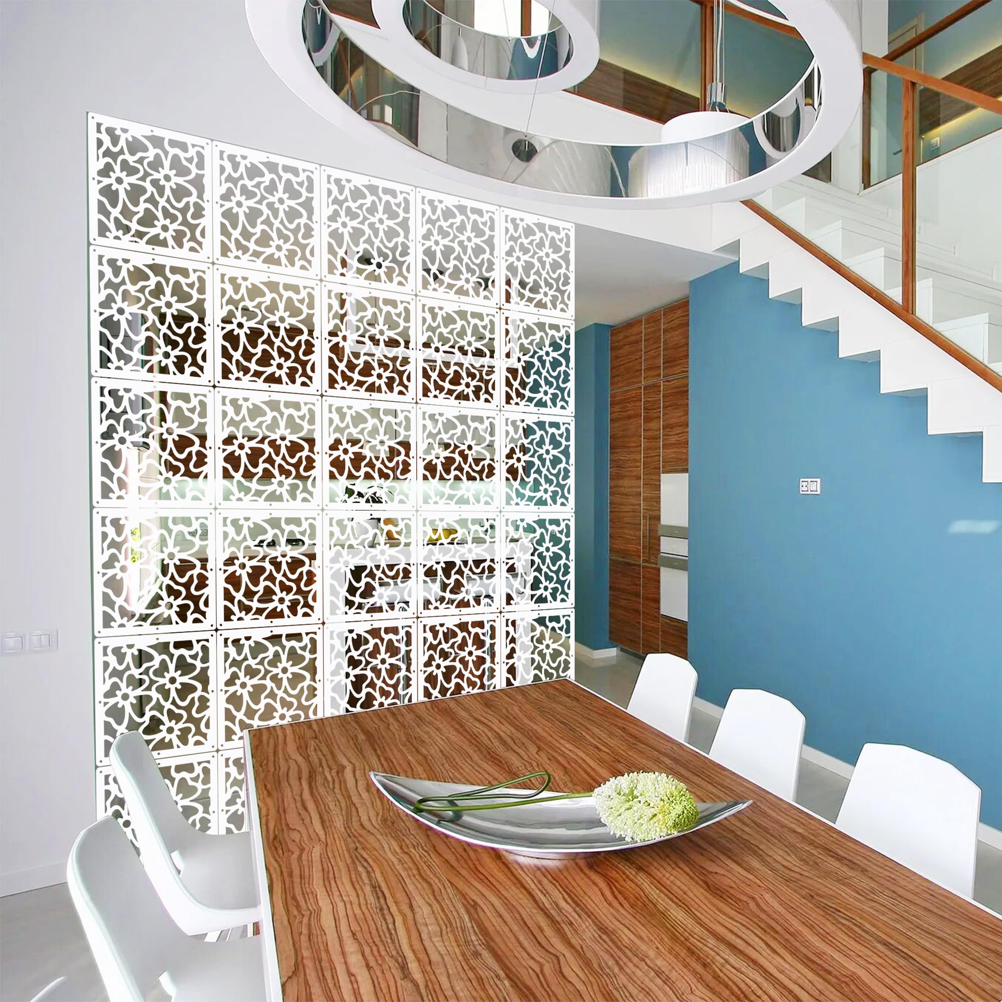 Lucky Monet 12Pcs Hanging Room Divider Panels Decorative Room Separator White Wall Partition Privacy Screen Indoor for Bedroom Dining Hotel Restaurant - White Flower