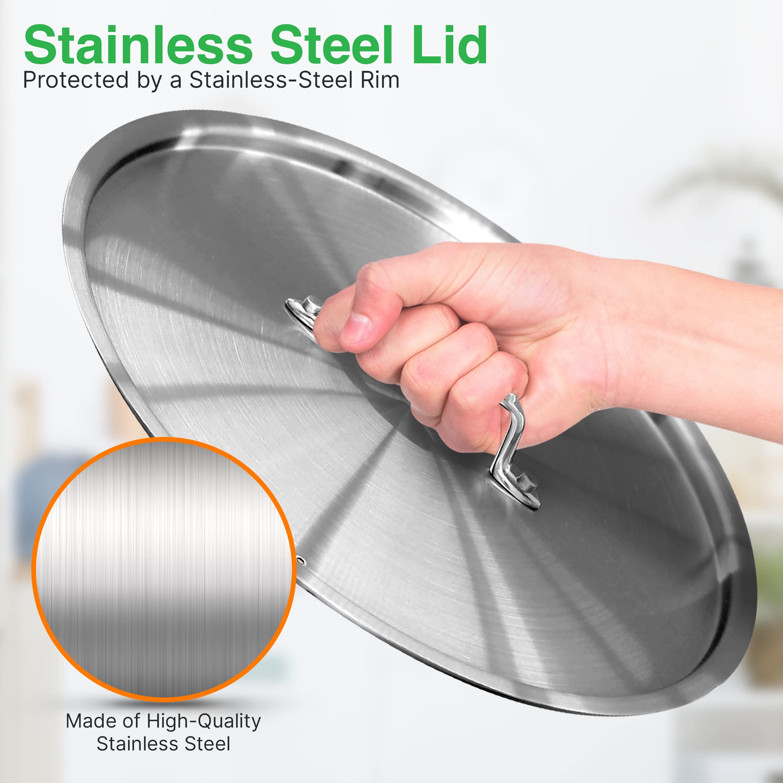 NutriChef Lid for 8-Quart Stockpot - Stainless Steel Kitchen Cookware Cover with Handle, Fits 9.5β Pot Inner Size, Works with Model NCSPT8Q 8-qt. Stock Pot