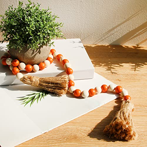 Meplait Wood Bead Garland,39in Farmhouse Beads with Tassels Boho Beads for Tiered Tray Decorative Beads Home Decor(Orange & Natural)