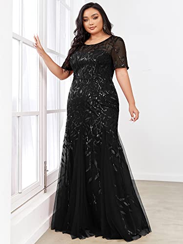 Ever-Pretty Women's Embroidered Prom Dress Long Formal Plus Size Dresses for Wedding Guest Black US22
