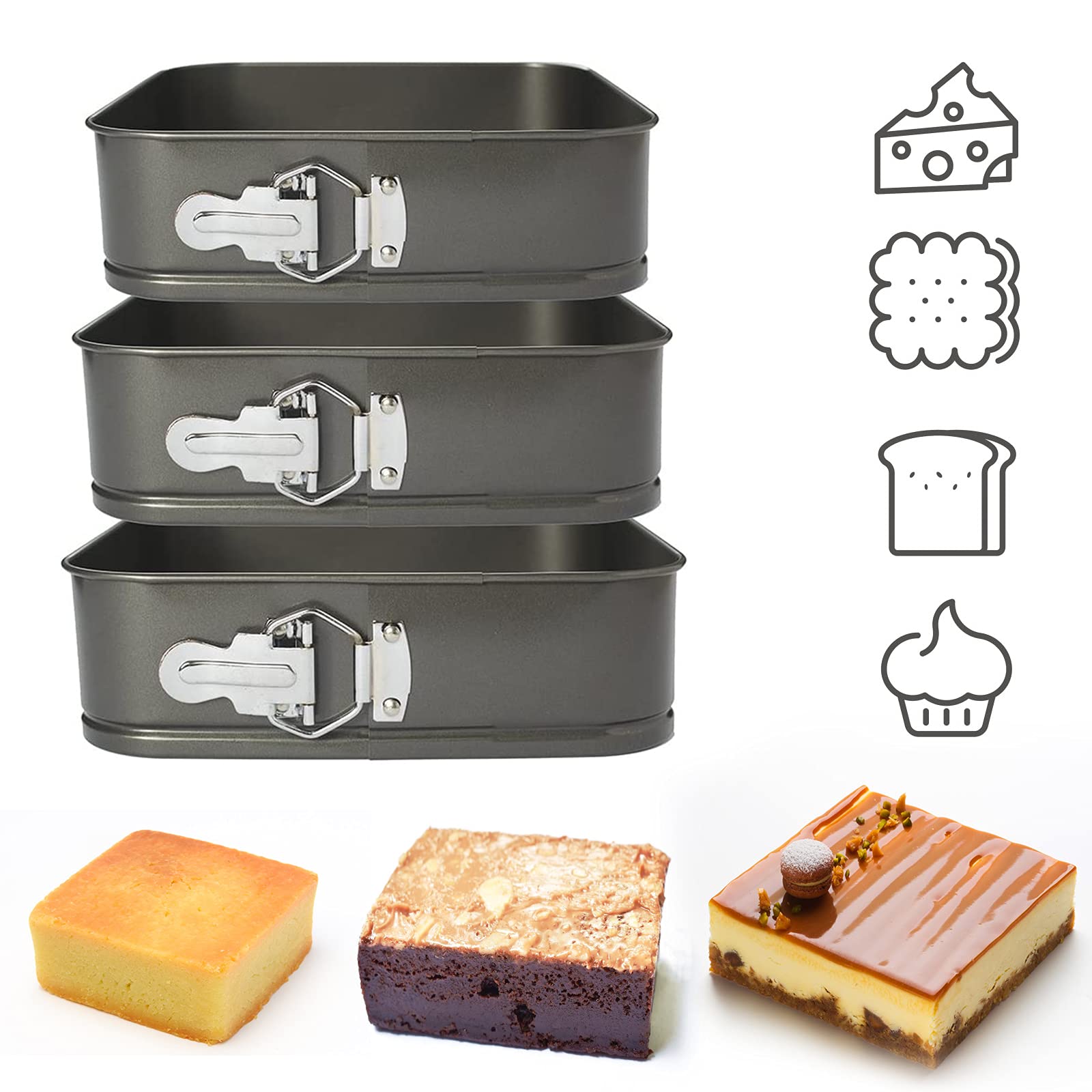 CKBAKIE Square Springform Dessert Pan Nonstick Leakproof Cake Pan Bakeware Cheesecake Pan CK029 (3 PCS Square)