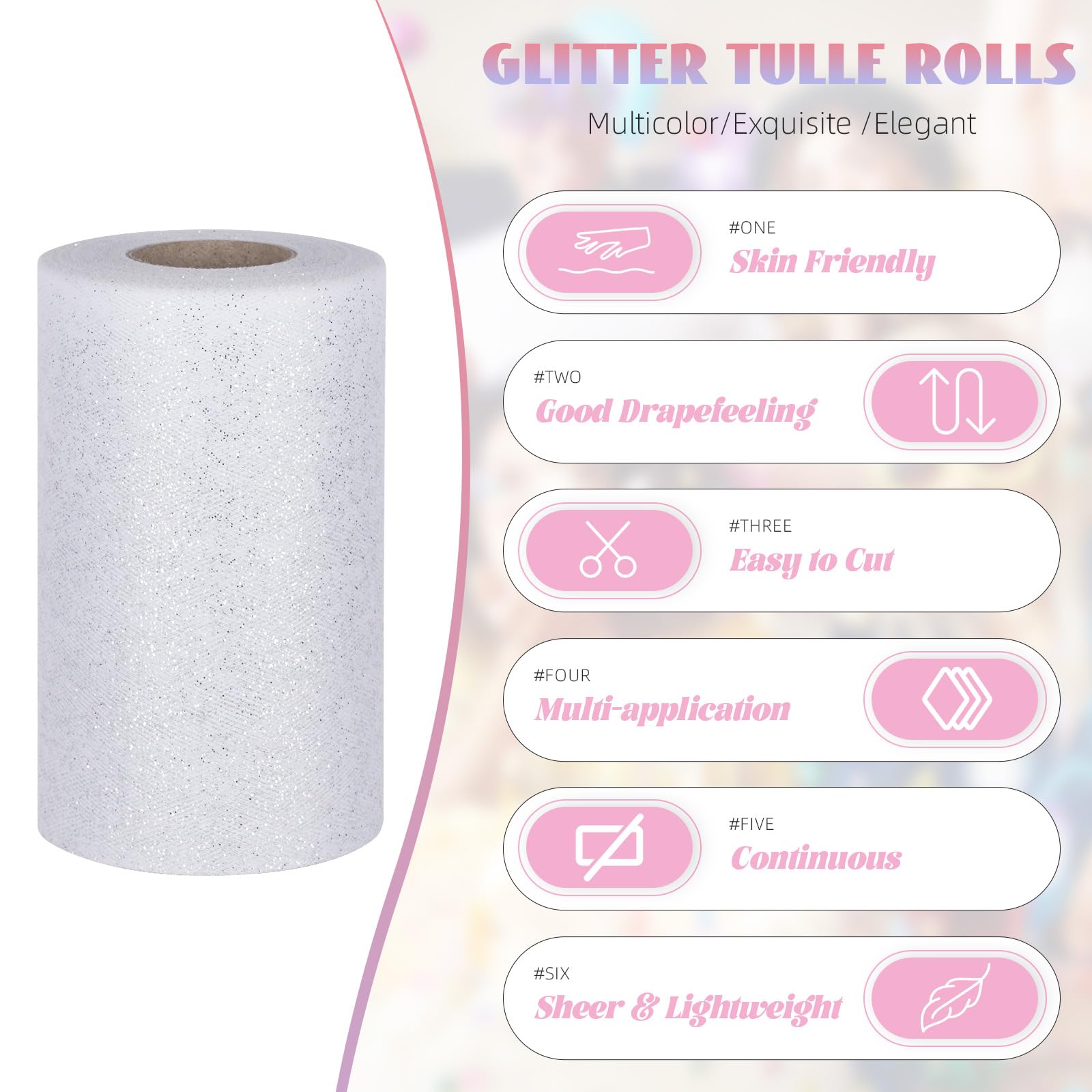 Glitter Tulle Rolls 6” by 50 Yards Sparkle Tulle Fabric Ribbon Sequin Tulle Netting Rolls for DIY Tutu Skirt Wedding Birthday Party Decoration (White/Silver-New)