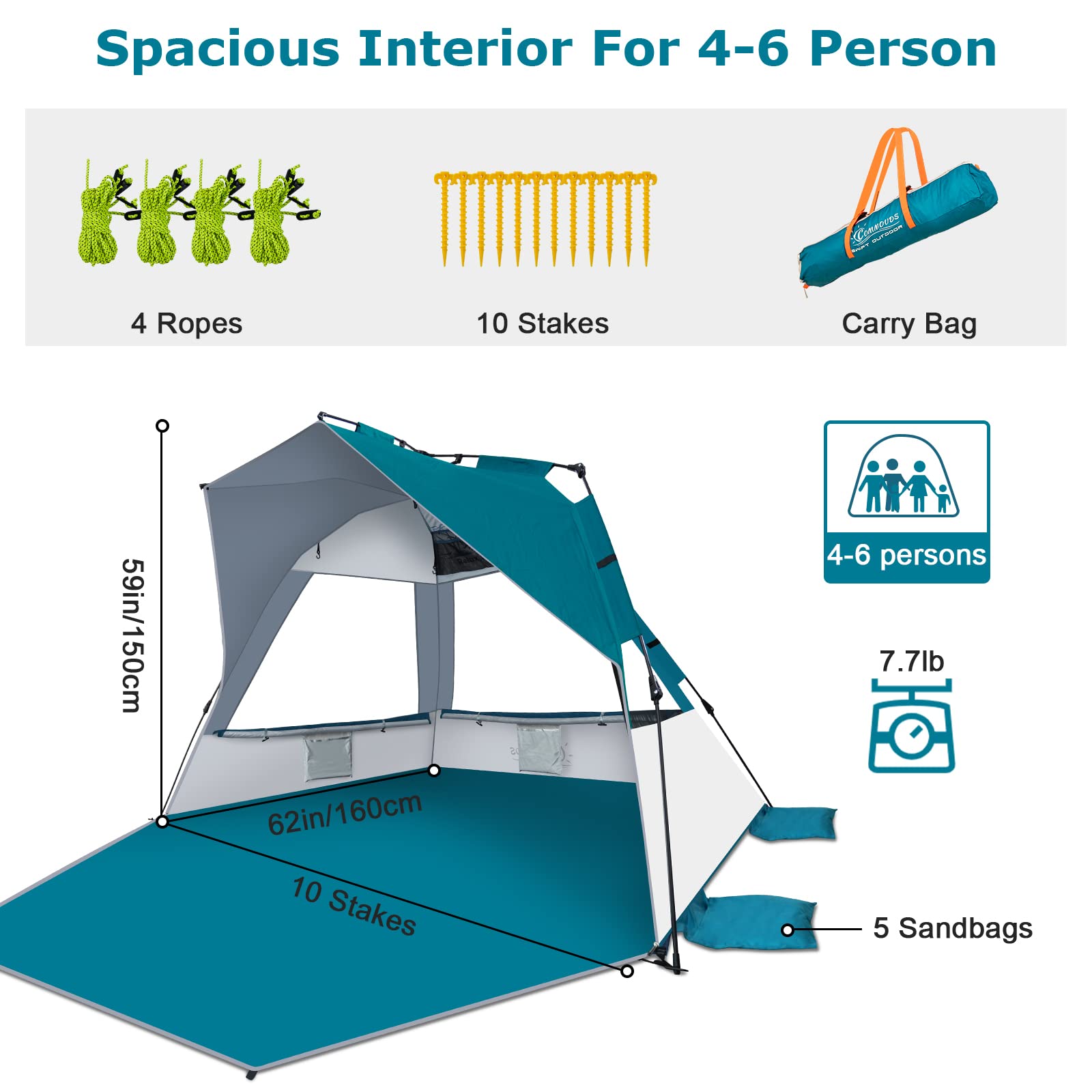COMMOUDS 110" Wide Beach Tent for 5-6 Person, UPF 50+ Instant Beach Tent Sun Shelter, Portable Pop Up Beach Sun Shade, Lightweight and Easy Set Up