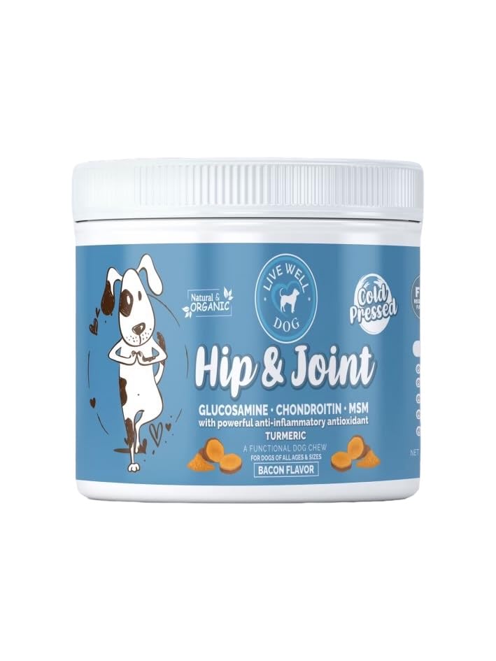 Live Well Dog Hip & Joint Chew for Dogs - Now with Turmeric and Black Pepper - Pet Products with Glucosamine, Chondroitin, & MSM + Vitamins C and E for Dog Joint Relief – 120 Count
