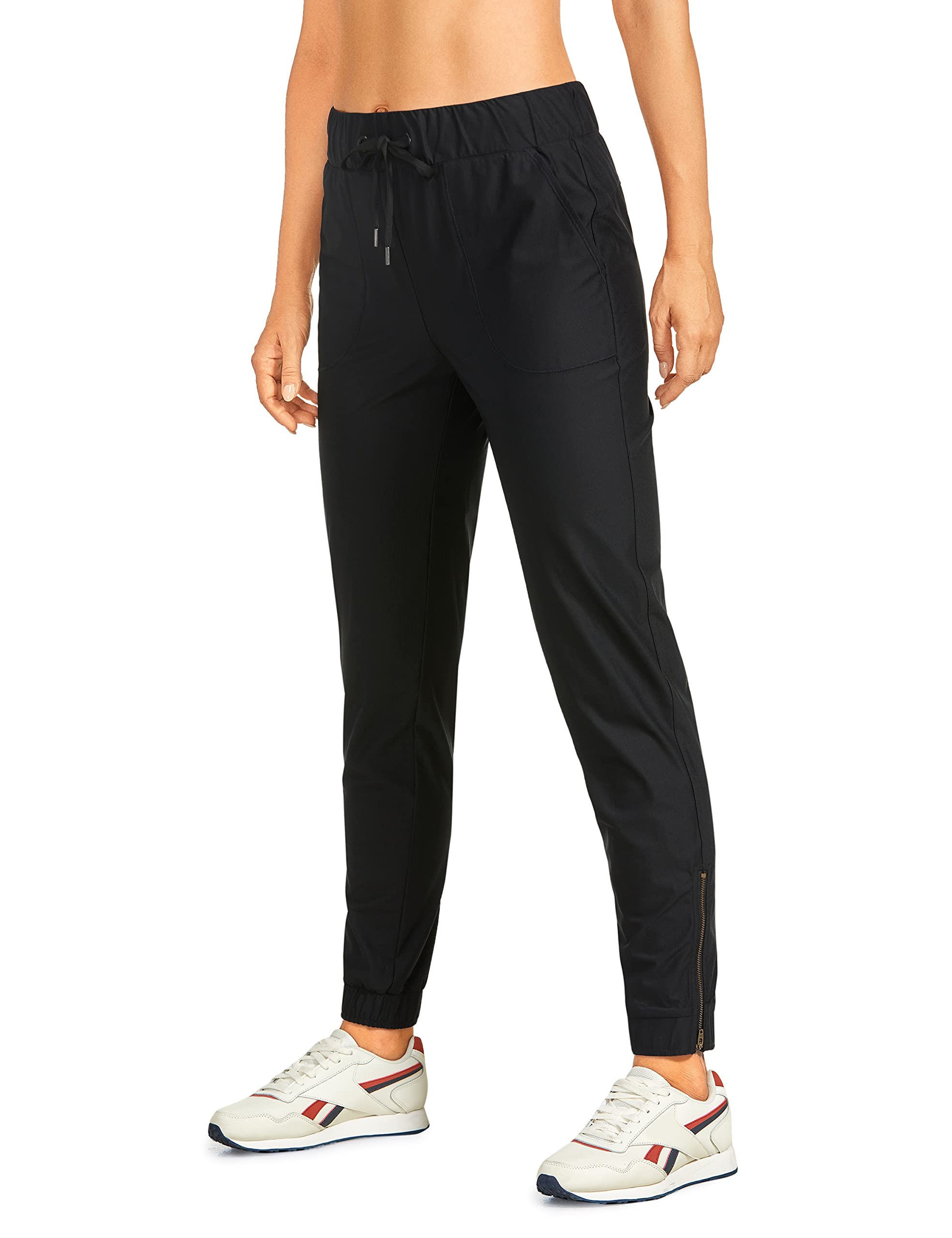 CRZ YOGA Women's Lightweight Joggers Drawstring Golf Pants Zipper Ankle Sports Casual Workout Pants with Pockets Black Medium