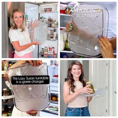 LAMU Lazy Susan Turntable Organizer for Refrigerator, 15.67'' Clear Rectangular Fridge Organizer Storage, Lazy Susan for Cabinet, Table, Pantry, Kitchen, Countertop
