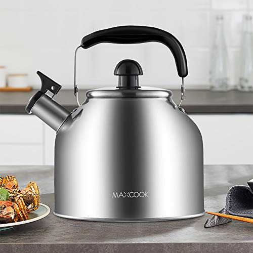 MAXCOOK 4.2 Quart/4L Stainless Steel Whistling Tea Kettle,Brushed Satin, Suitable to Boiling Water & Tea on Induction Stove, Gas Stove Top
