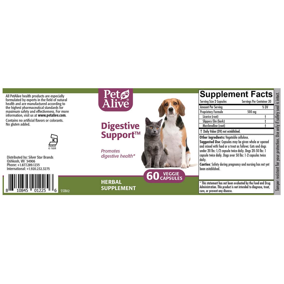 PetAlive Digestive Support - All Natural Herbal Supplement for Cat and Dog Digestive Tract Health - 60 Veggie Caps