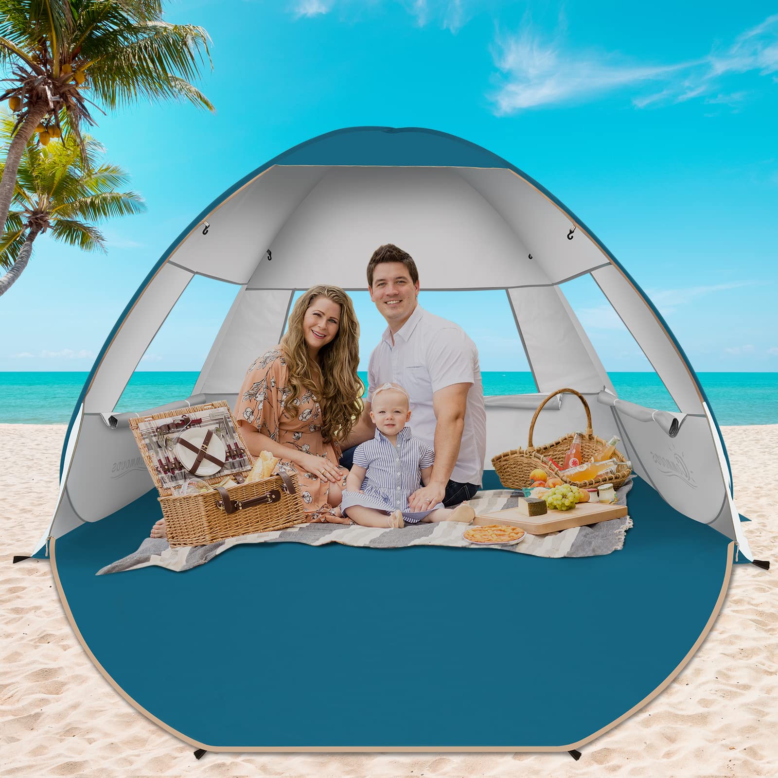 COMMOUDS Large Pop Up Beach Tent for 3-4 Person, UPF 50+ Beach Sun Shade, Automatic Beach Sun Shelter Umbrella with Carry Bag, Lightweight and Easy Set Up