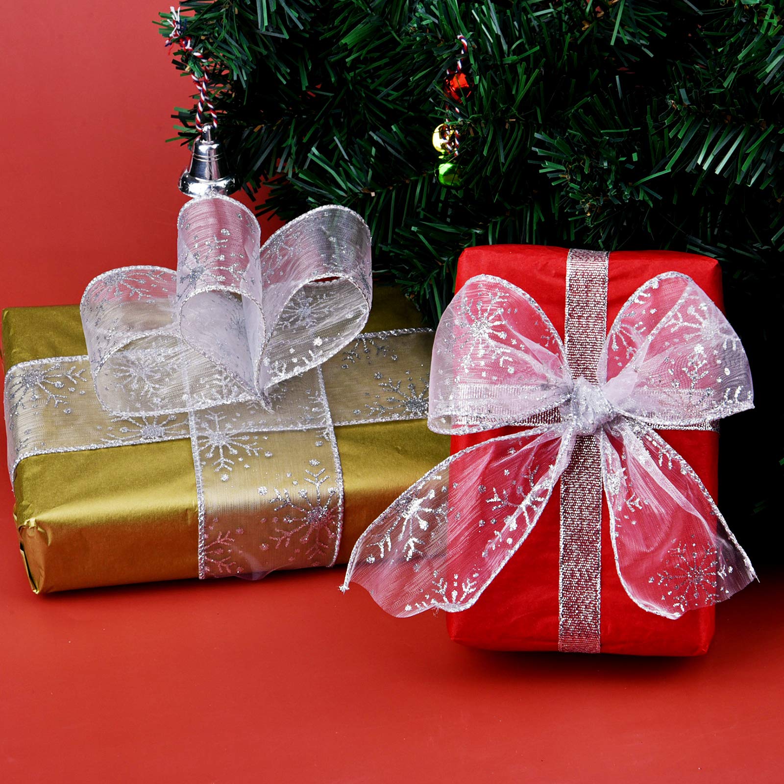 Livder 2.5 Inch Wide Christmas Wired Ribbon Snowflake Organza Sheer Glitter Ribbon for Xmas Tree, Wreath, Party Decoration, Gift Wrapping (Silver-White, 10.9 Yards)